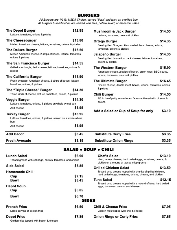 The Train Depot Menu – The Train Depot